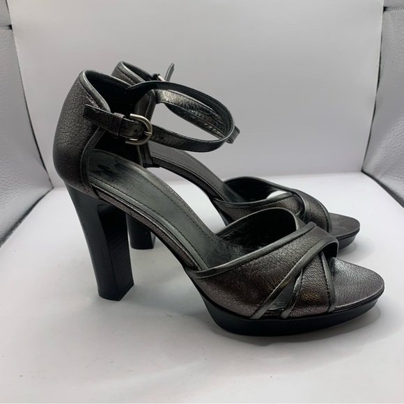 Coach | Shoes | Coach Metallic Silver Leather Open Toe Sz65b Heels ...